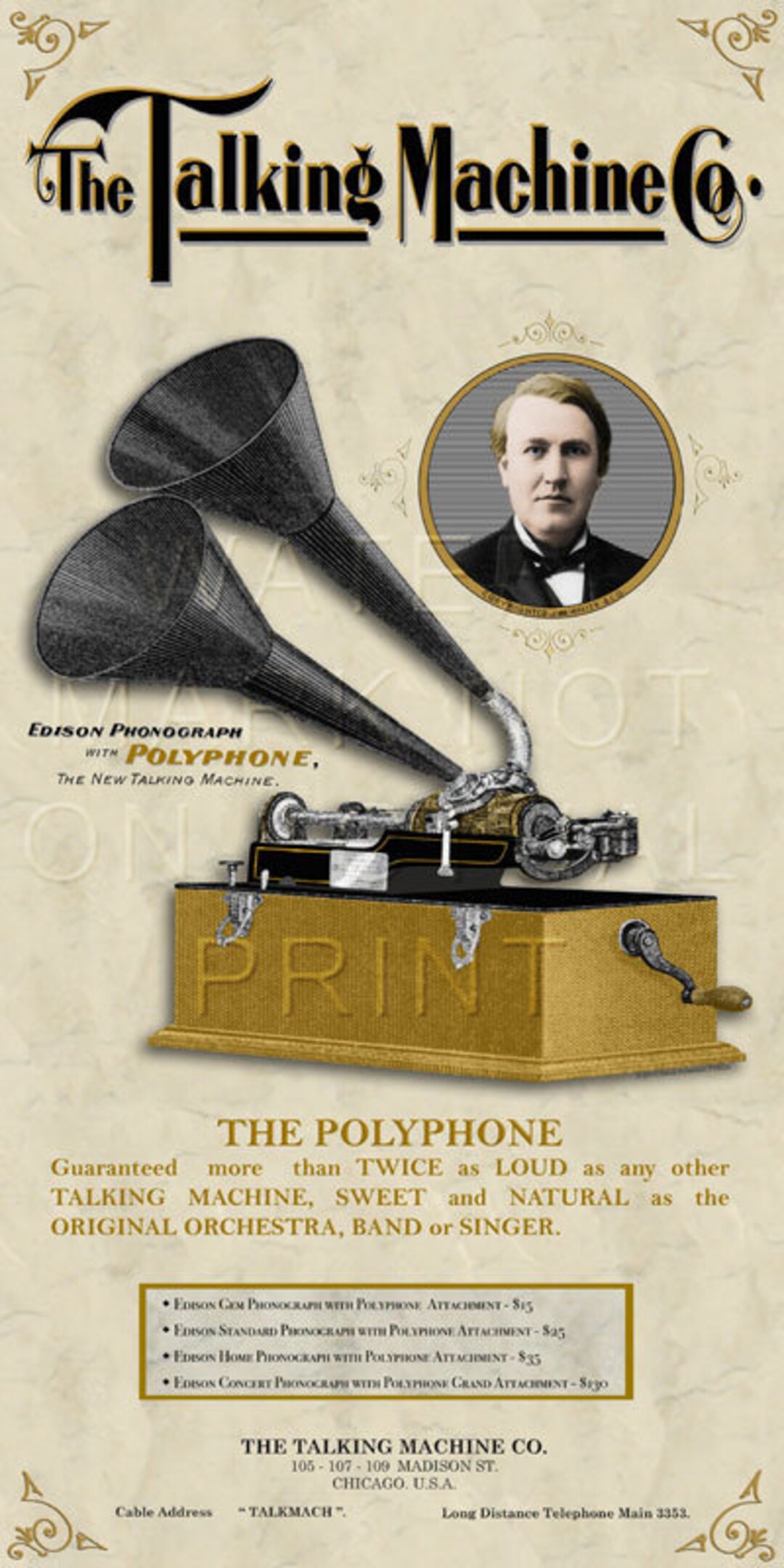Reproduced Vintage the Talking Machine Co Chicago Edison Polyphone ...