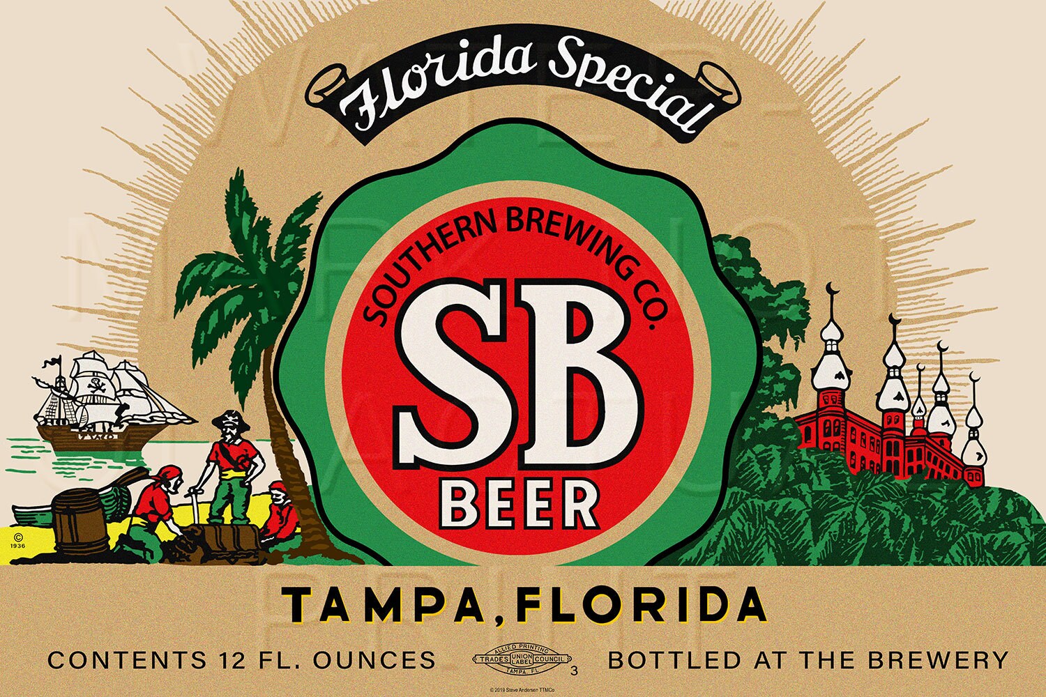 Reproduced SB Beer Southern Brewing Co. Tampa FL Beer Label on Canvas ...