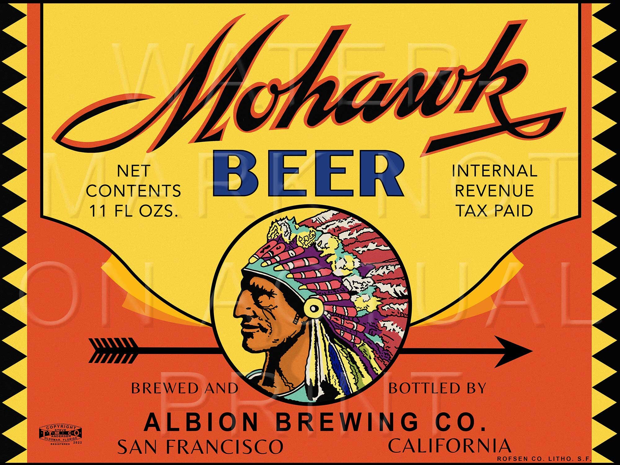 Mohawk Beer, Albion Brewing Company, San Francisco Beer Label Canvas ...