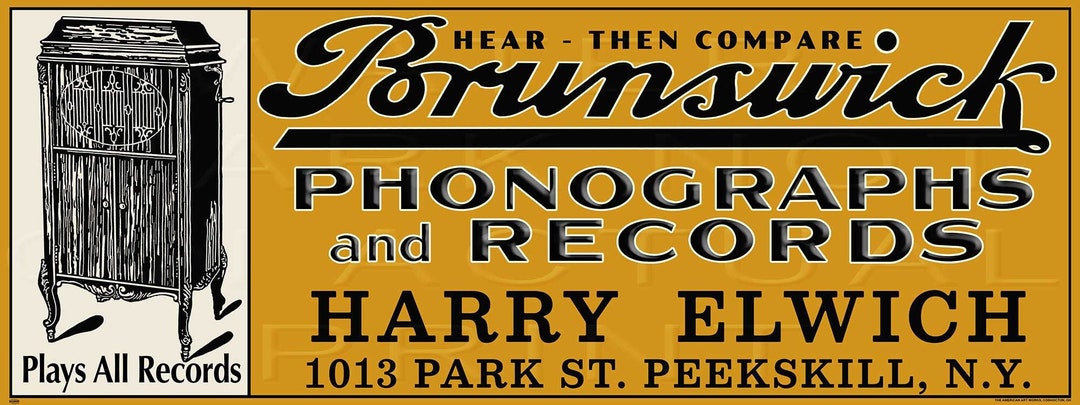 Reproduced Vintage Brunswick Phonographs & Records Dealer Sign Canvas ...