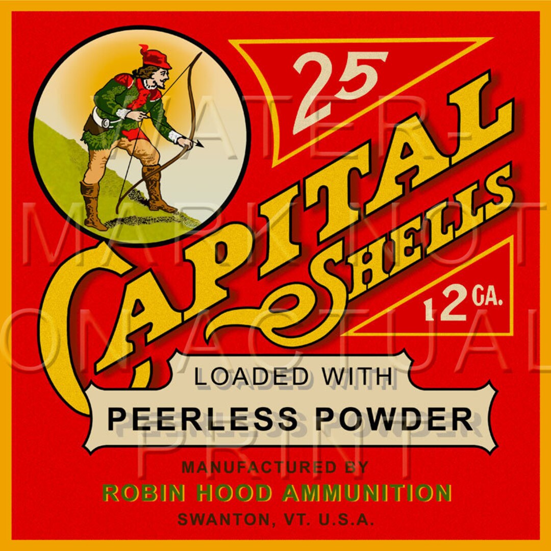 Reproduced Vintage Robin Hood capital Shotgun Shells Box Label Canvas ...
