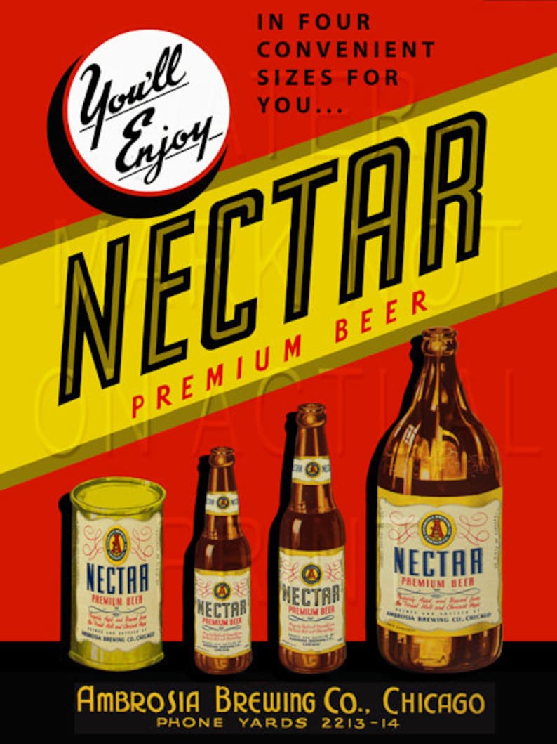 Vintage Beer Sign for Nectar Beer by Ambrosia Brewing Company Chicago ...