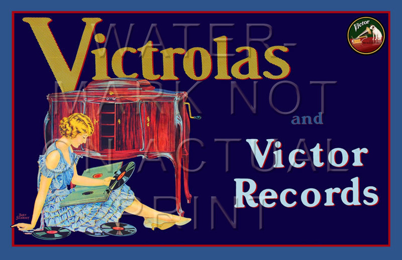 Reproduced Vintage Victor Talking Machine Victrolas and Records Canvas ...