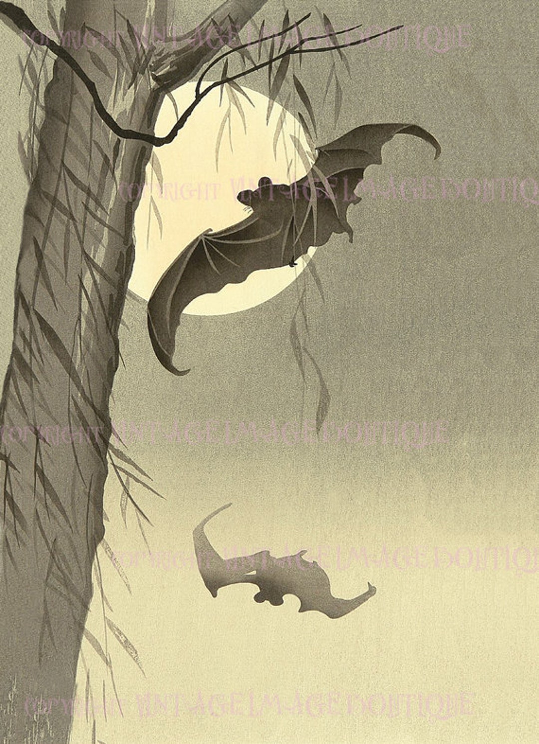 Antique Victorian Japanese Illustration of Blacks Bat Flying at Night ...
