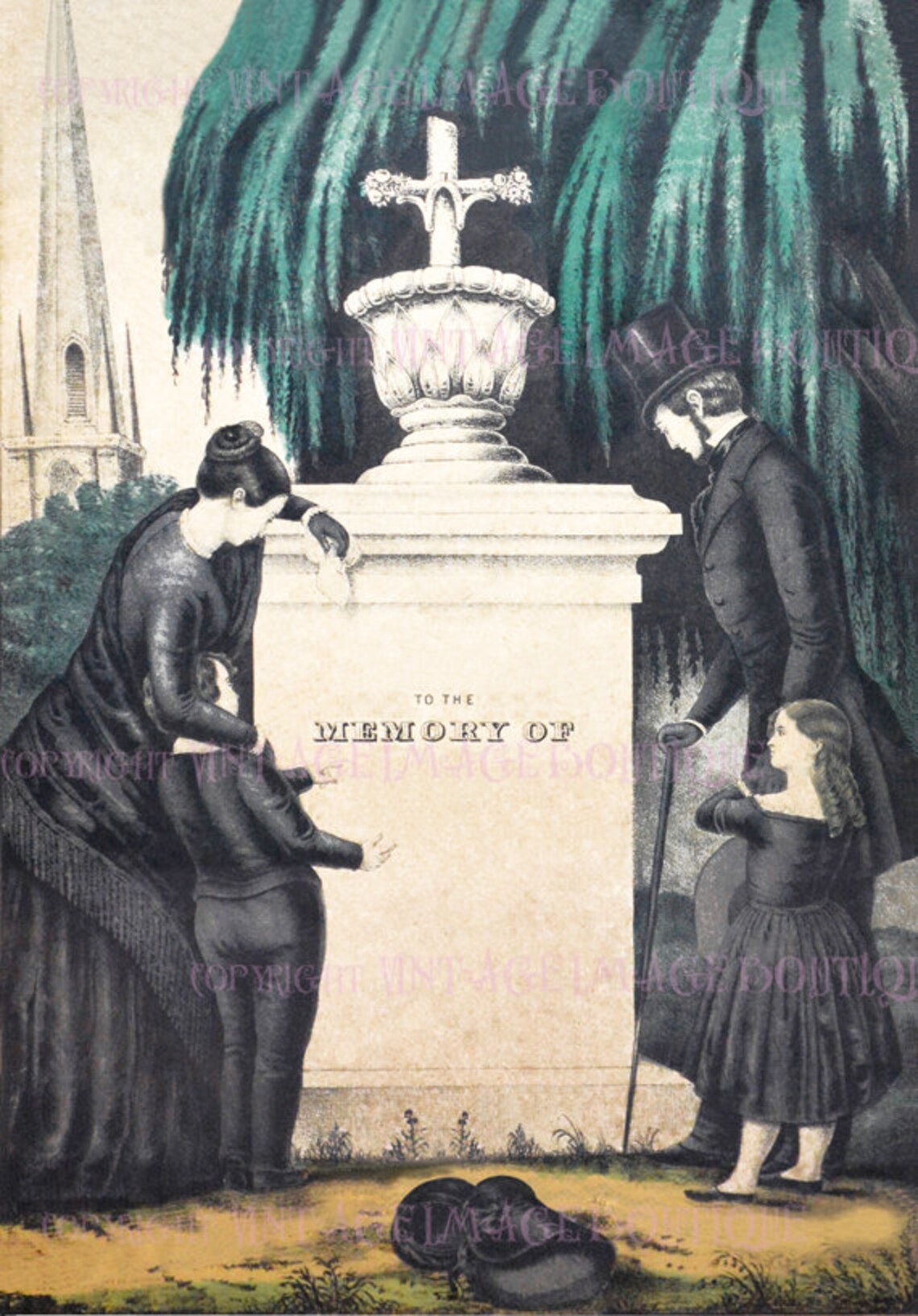 Lovely Antique Early Victorian Funerary Engraving of A Family in ...