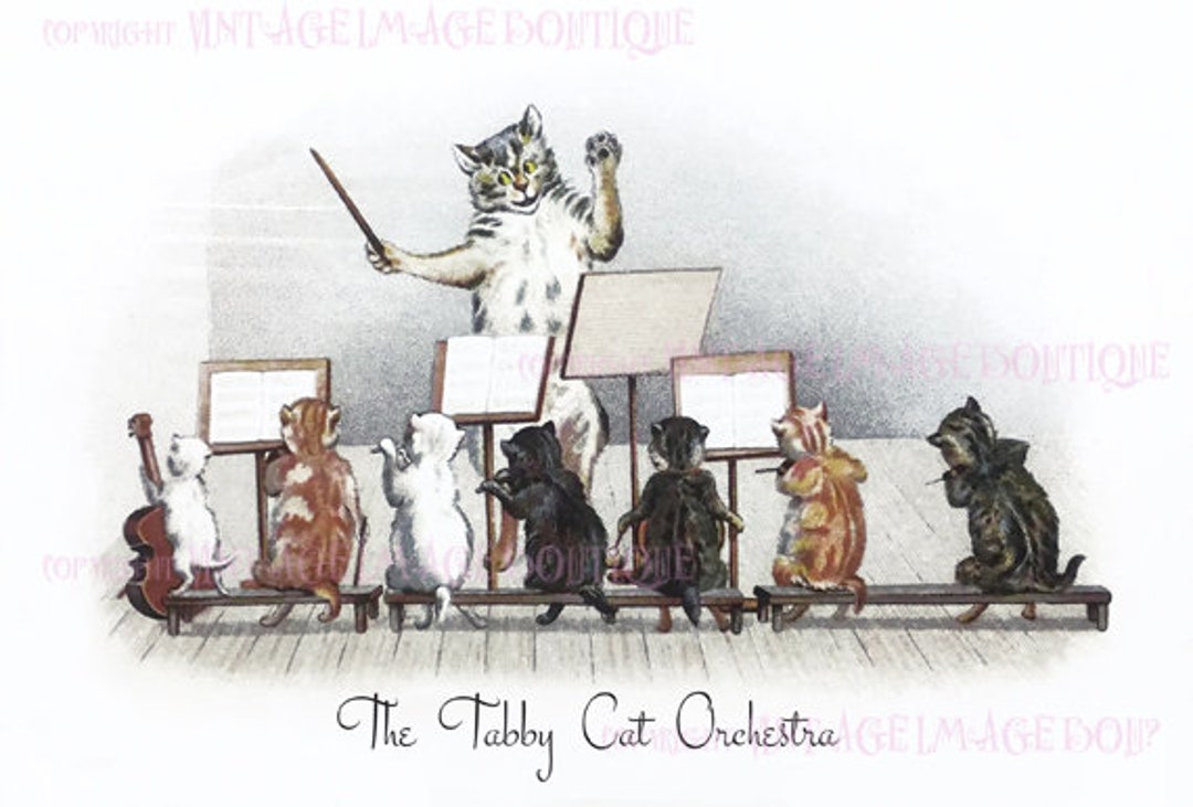 Antique Adorable Illustration of Seven Tabby Cat Kittens Playing ...
