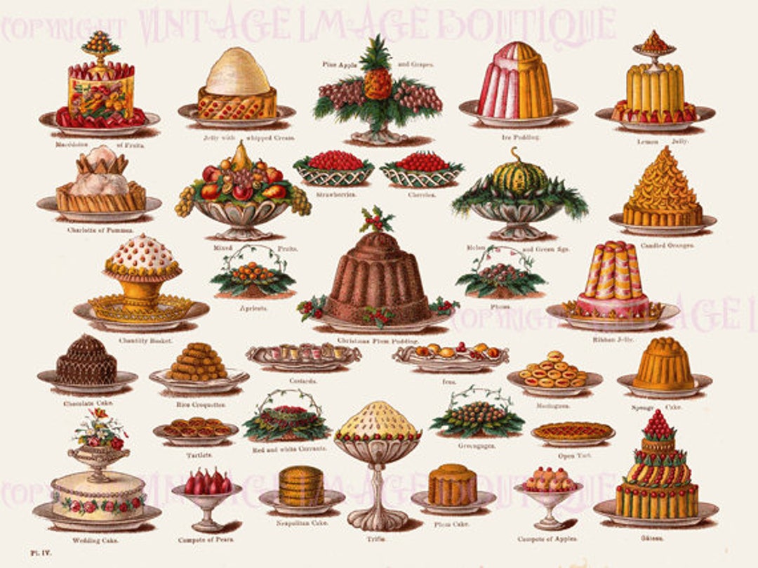 Antique Victorian Colour Illustration of Holiday Desserts & Puddings ...