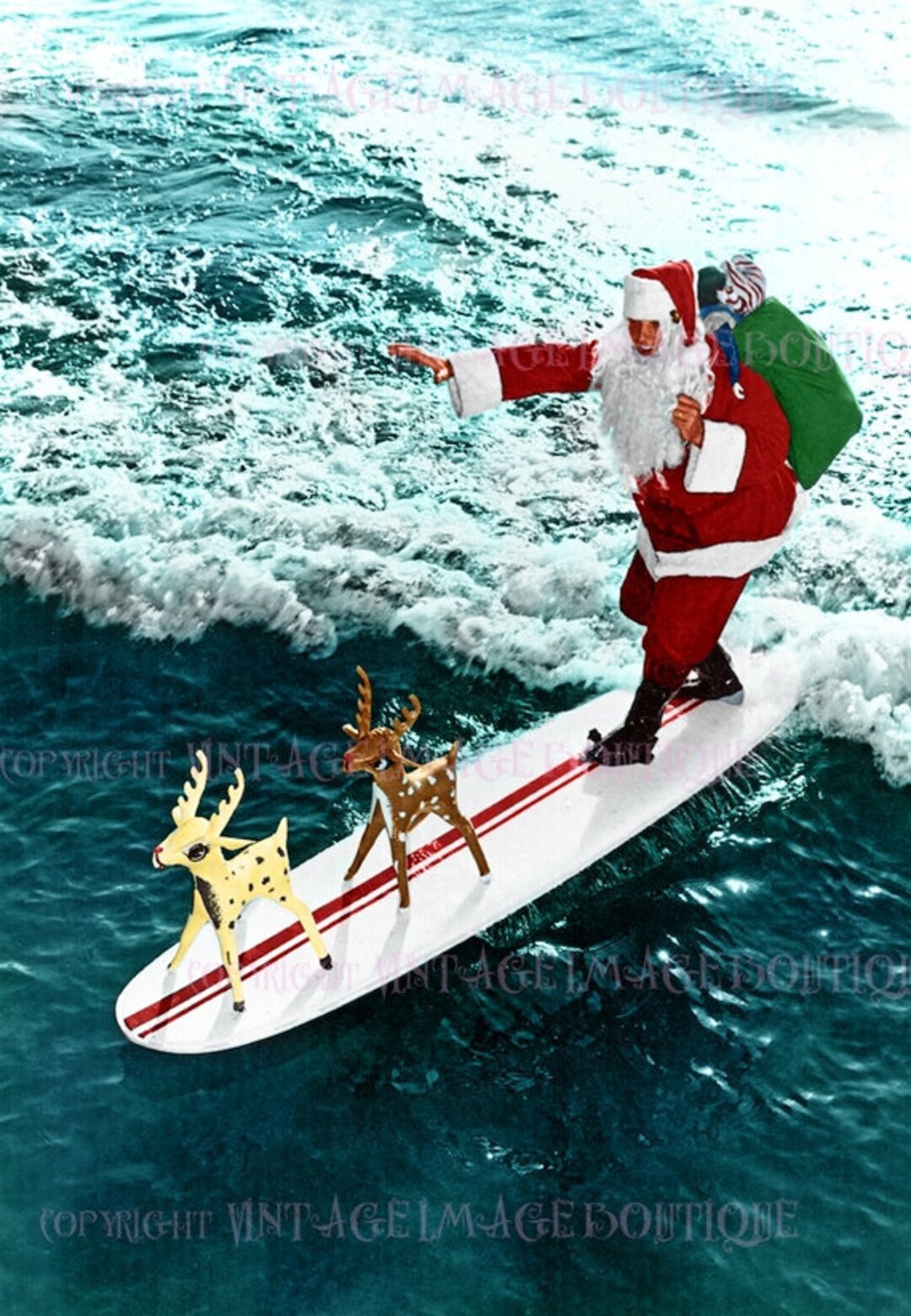 Fabulous 1950's Surfing Santa Claus Father Christmas With His Reindeer ...