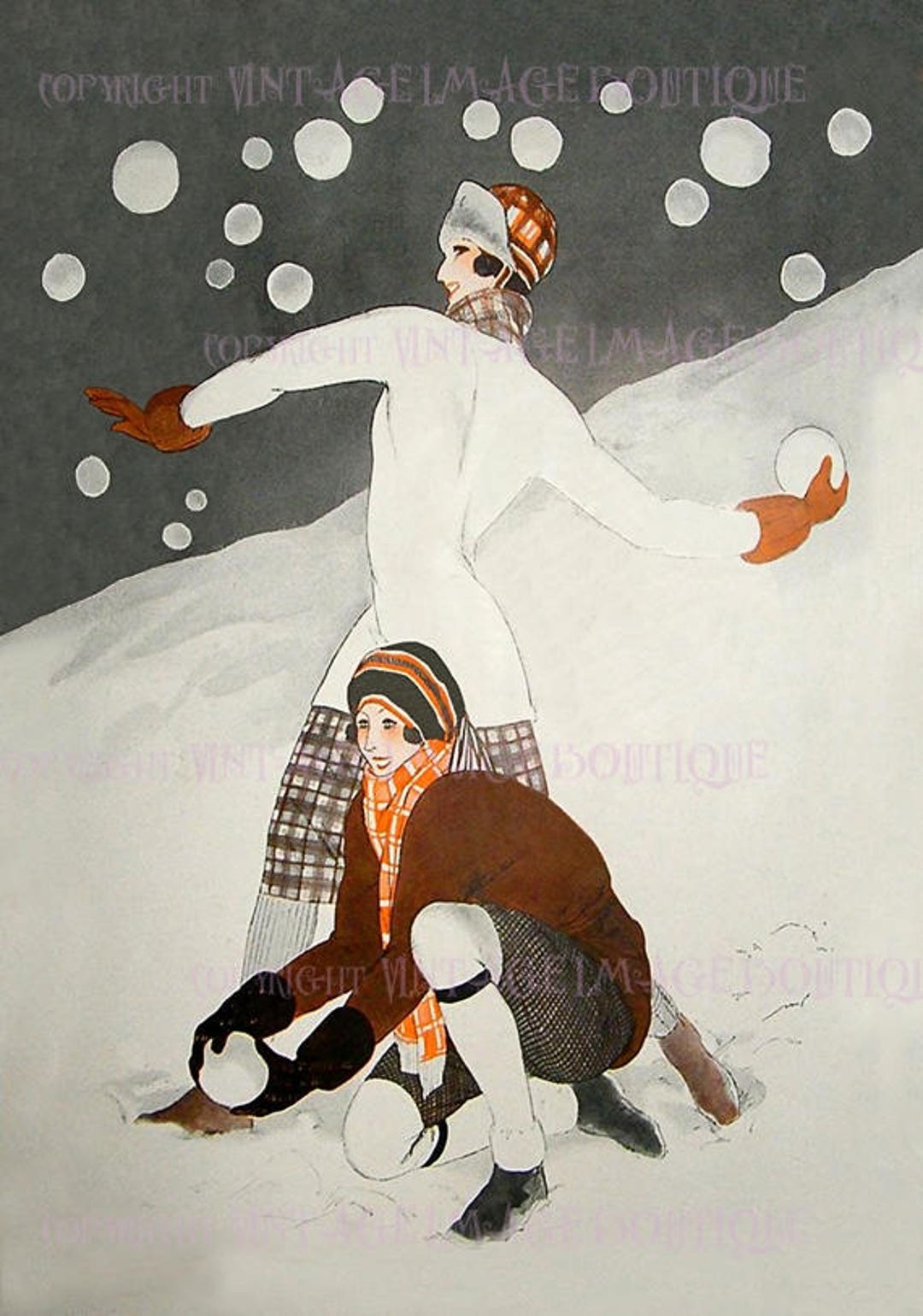 Antique 1920's Lovely Flappers Having A Snowball Fight Christmas Season ...