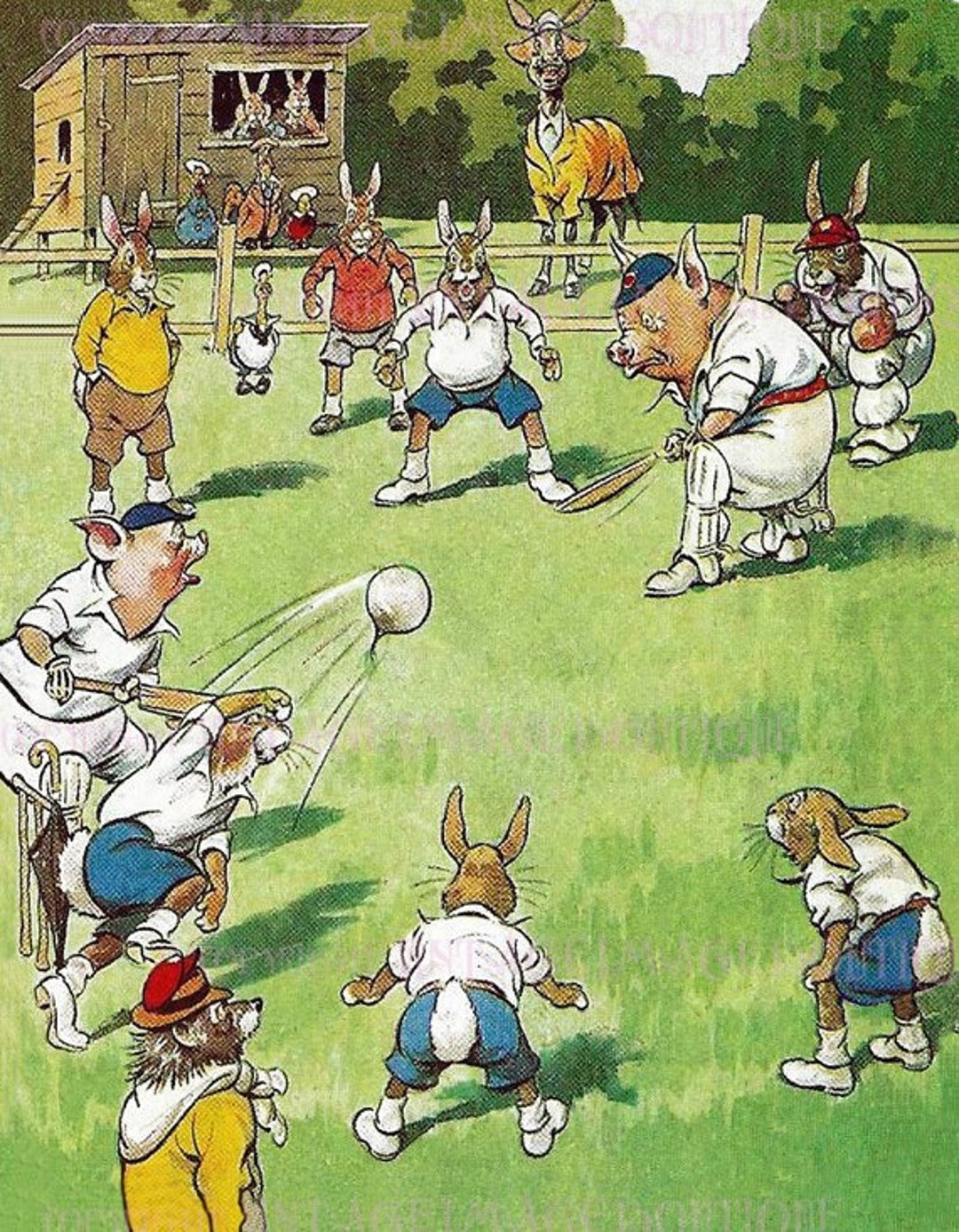 Adorable 1940's Water Colour Illustration of A Rabbits and Pigs Playing ...