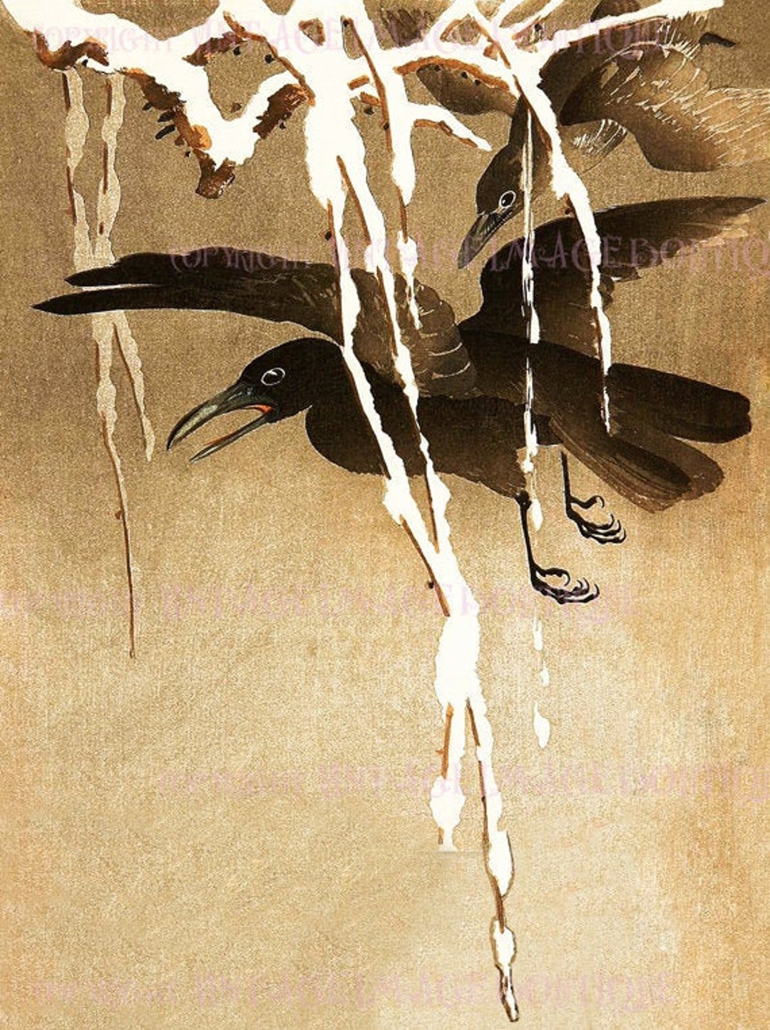 Antique Victorian Japanese Two Crows Nestled Among Snow Covered Willow ...