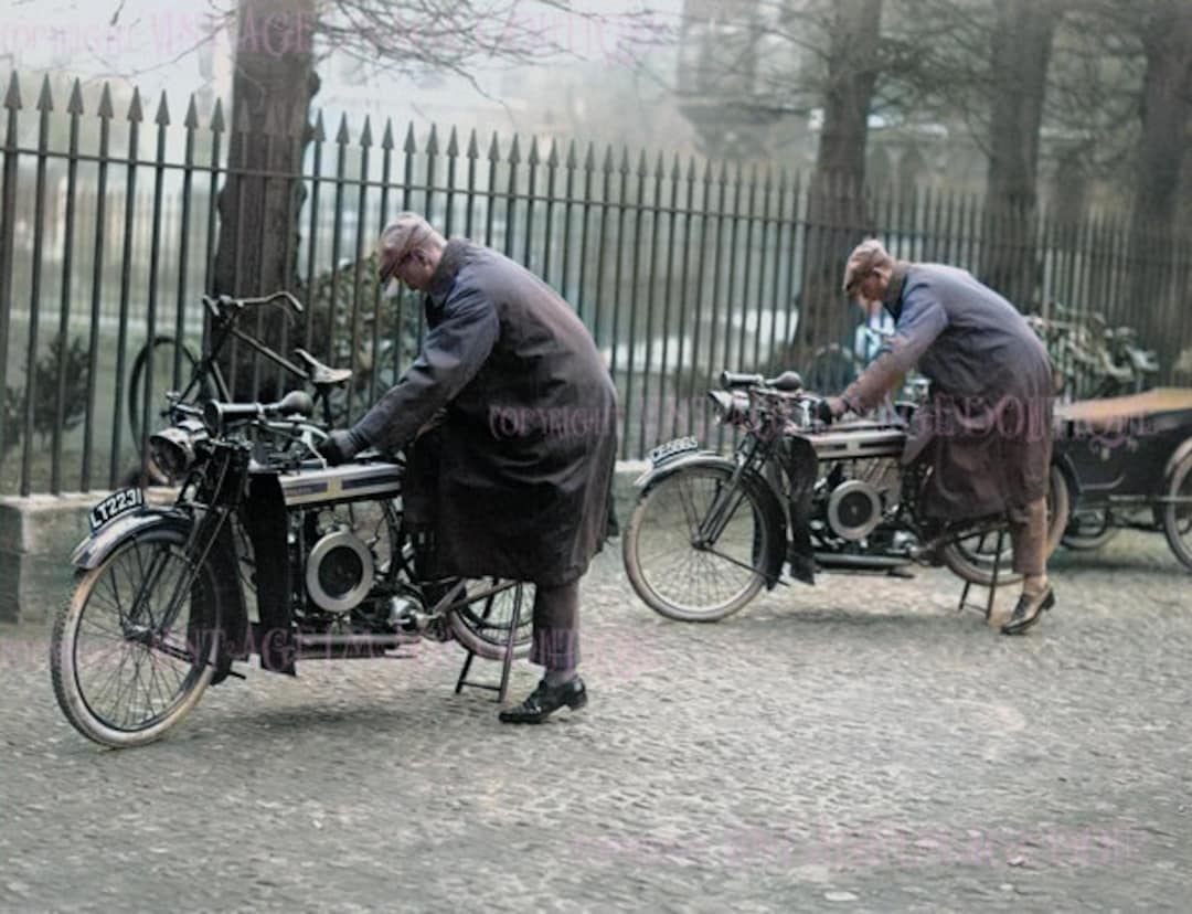 Edwardian Hand Colourized Photo of Two Men Mounting Their Douglas ...