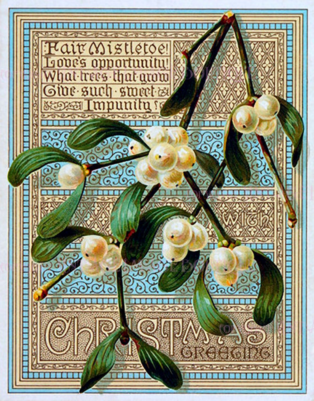 Antique Victorian Medieval Motif With Mistletoe Christmas Season Winter ...