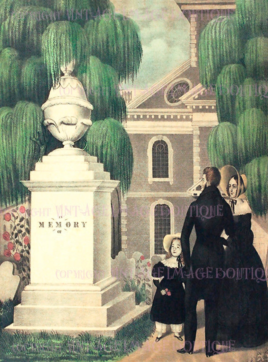 Lovely Antique Early Victorian Funerary Engraving of A Family in ...