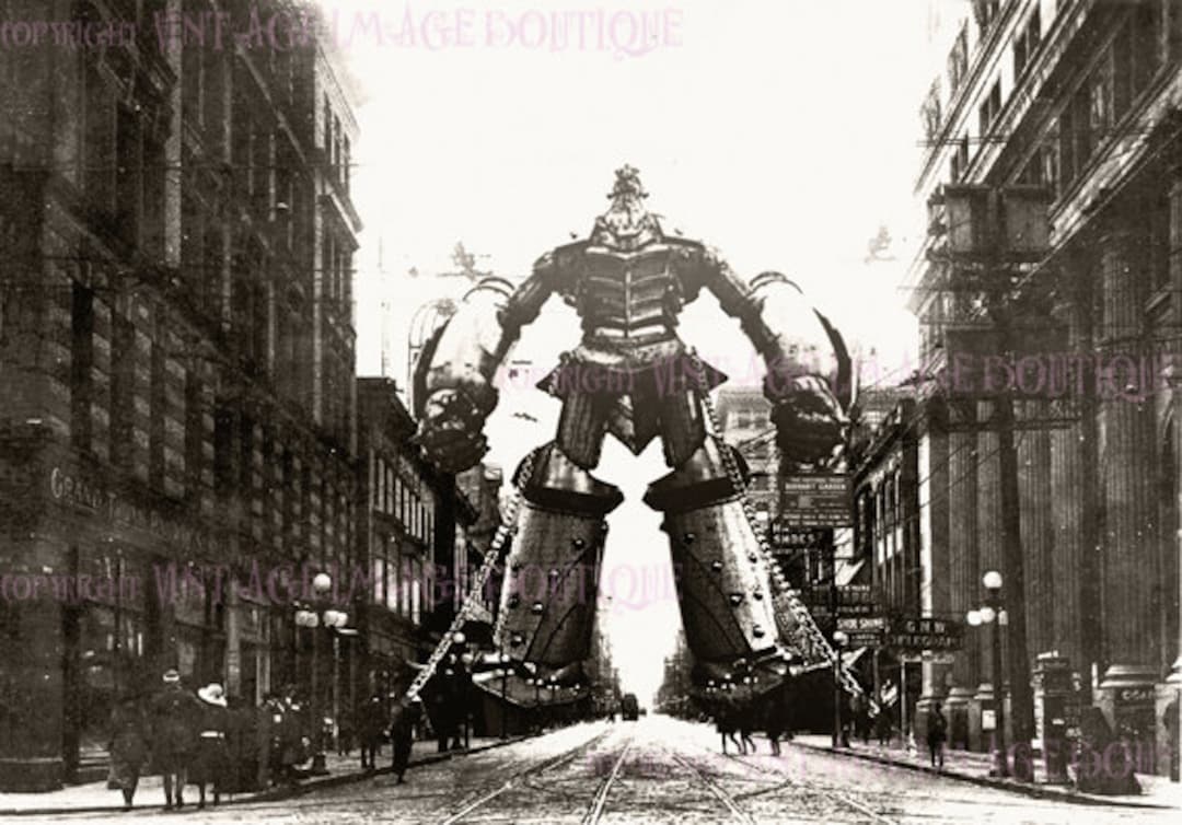 Antique C. 1900 Sepia Photo of A Giant Robot Captured in A City Street ...