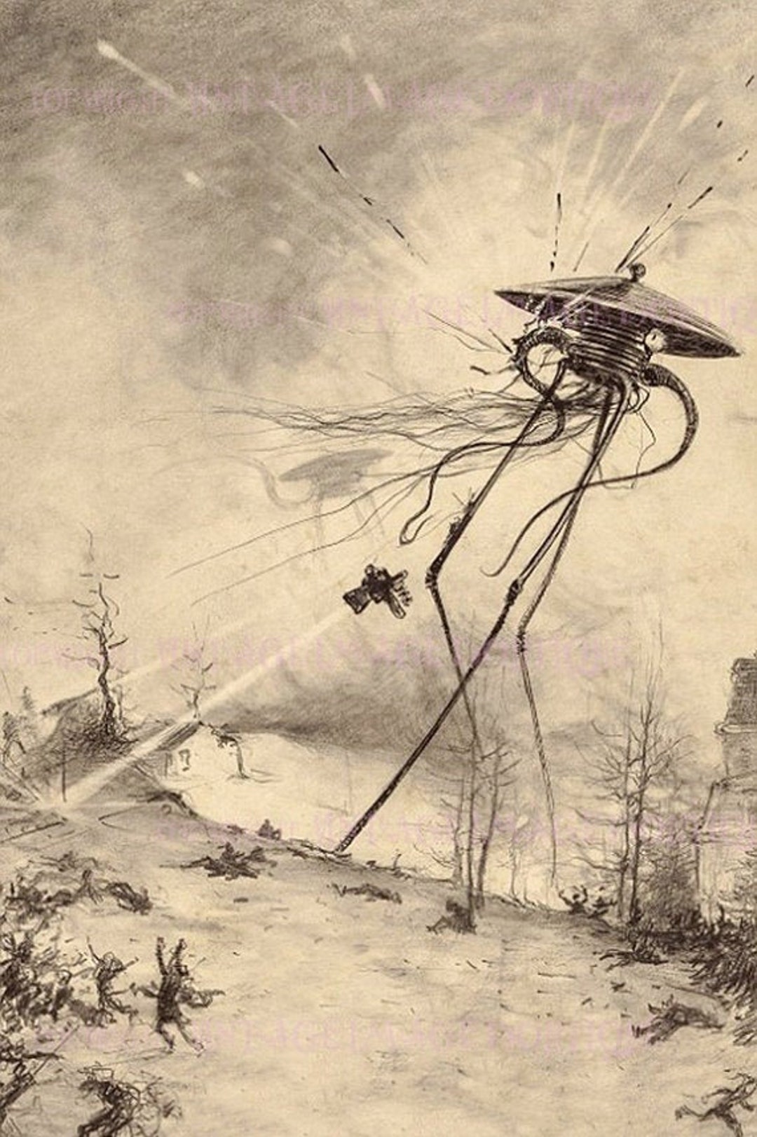 Antique Victorian Bookplate Illustration From the War of the Worlds ...