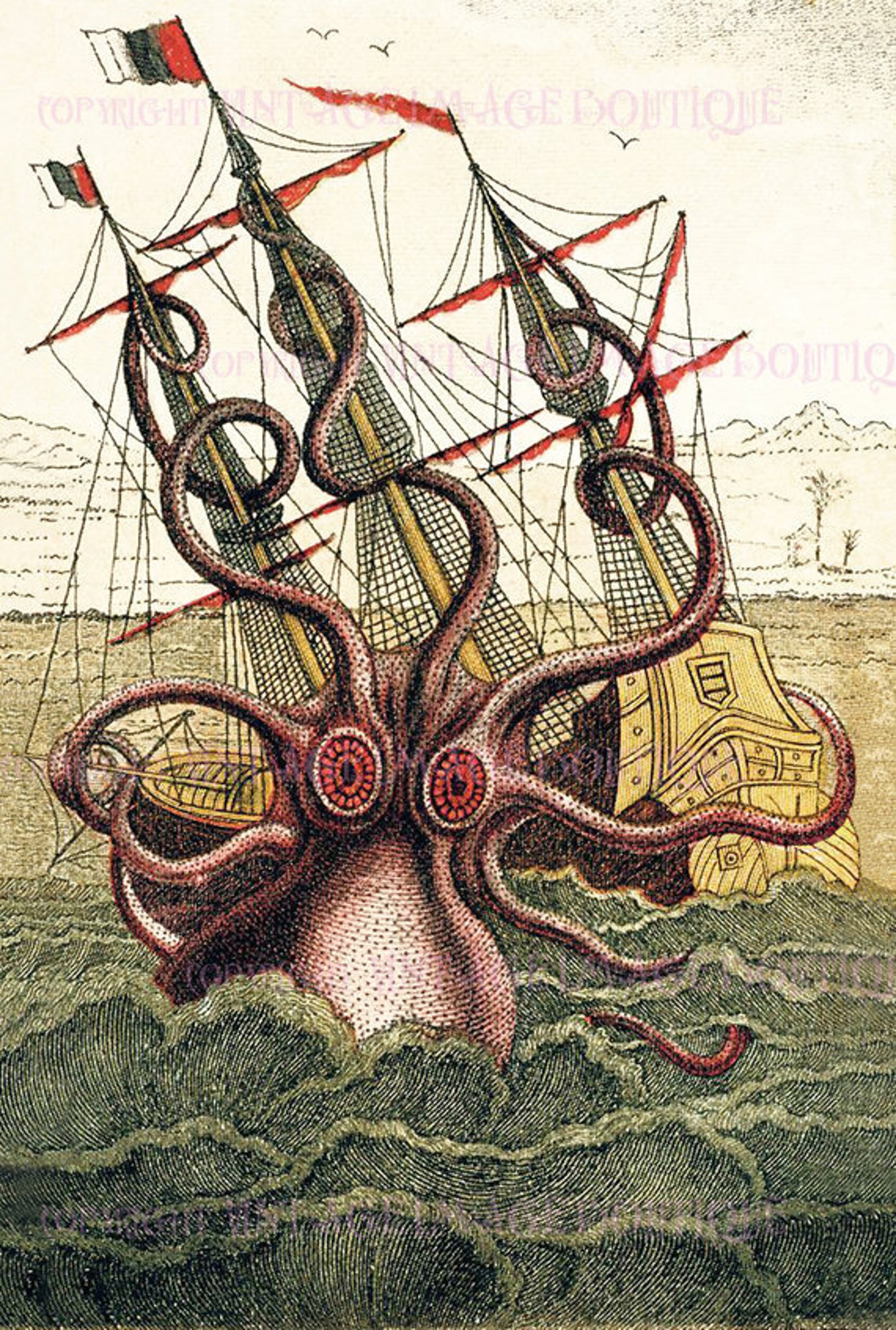 Antique Early 19th Century Colour Illustration of A Kraken - Etsy