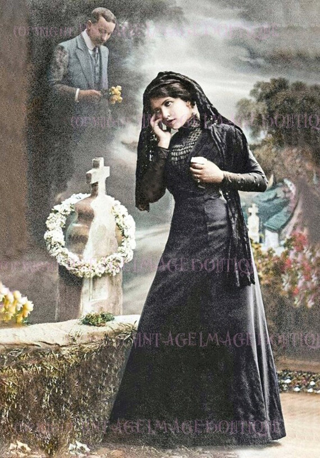 Touching Edwardian Mourning Portrait of A Woman Beside the Grave of Her ...