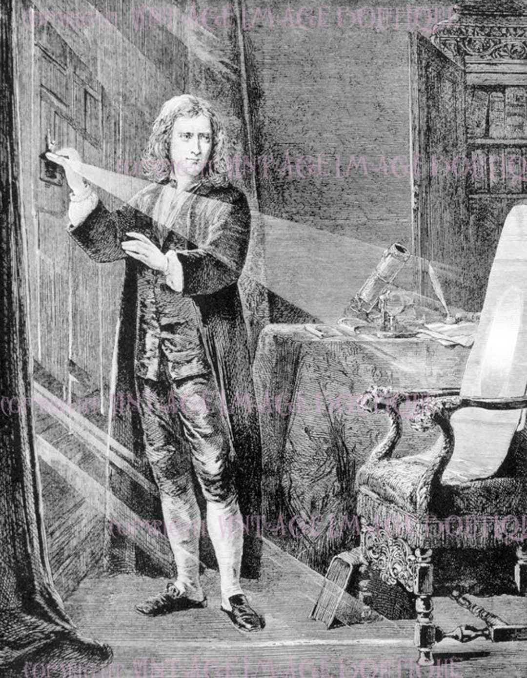 Antique Victorian Illustration of Sir Isaac Newton as A Student and His ...