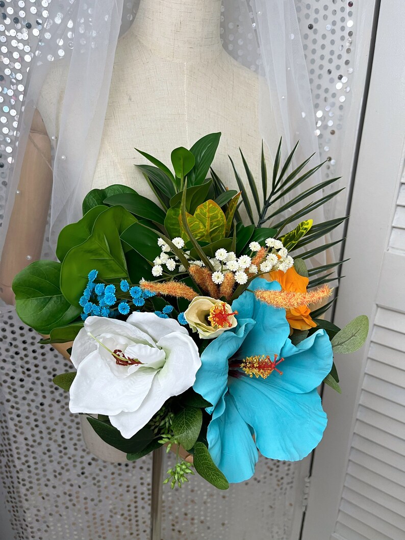 Turquoise Hibiscus Small Bridal Bouquet Orange and White - Etsy