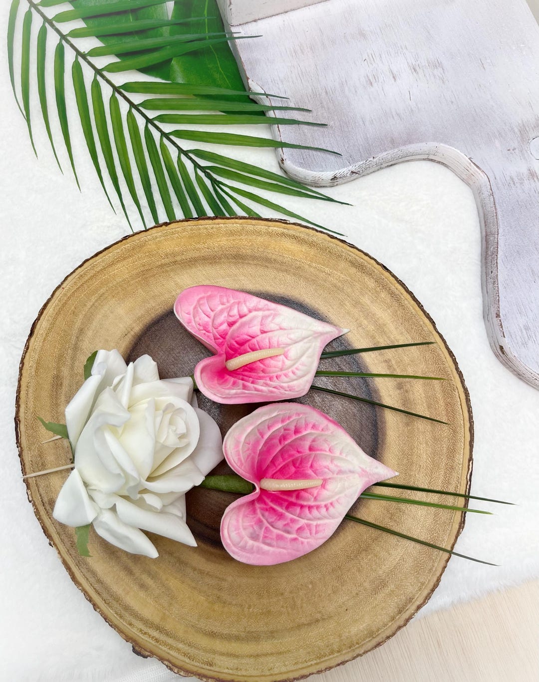 White Real Touch Rose and Pink Anthurium Cake Topper, Tropical Cake ...