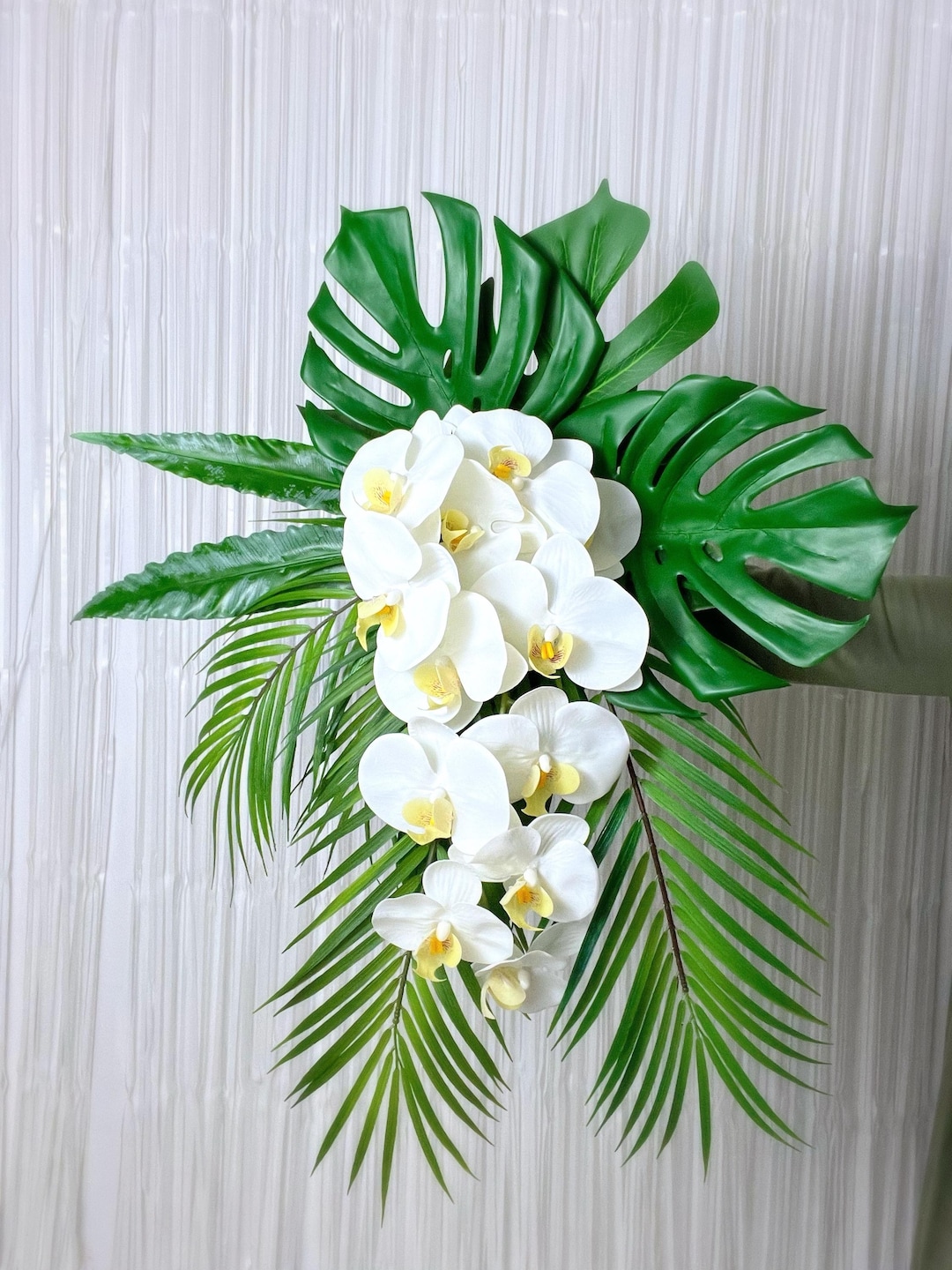 Tropical Monstera and White Orchids Real Touch Bouquet, Minimalist ...