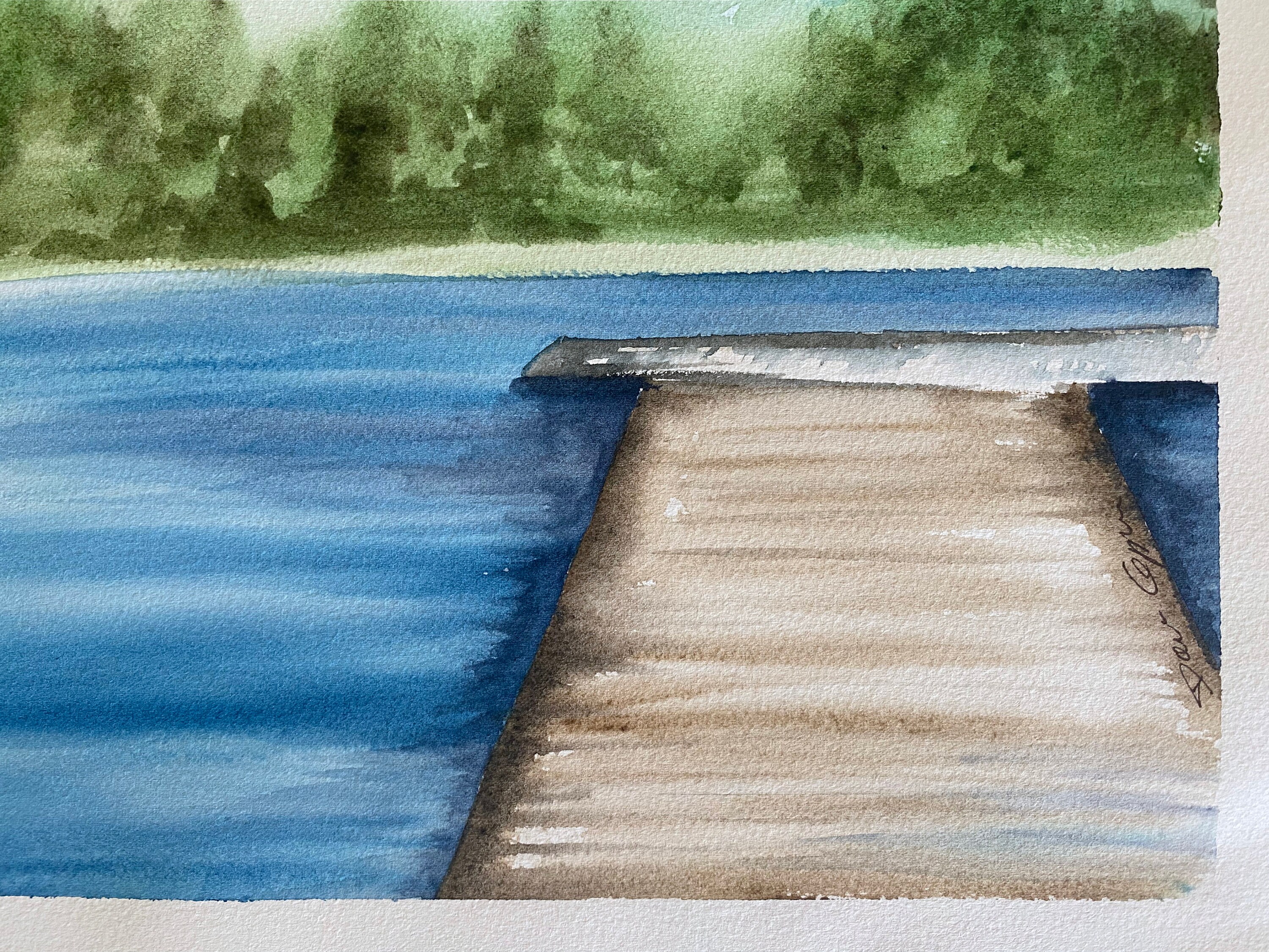 Lake Watercolor, Landscape Painting, Panoramic Blue Lake Watercolor Art ...