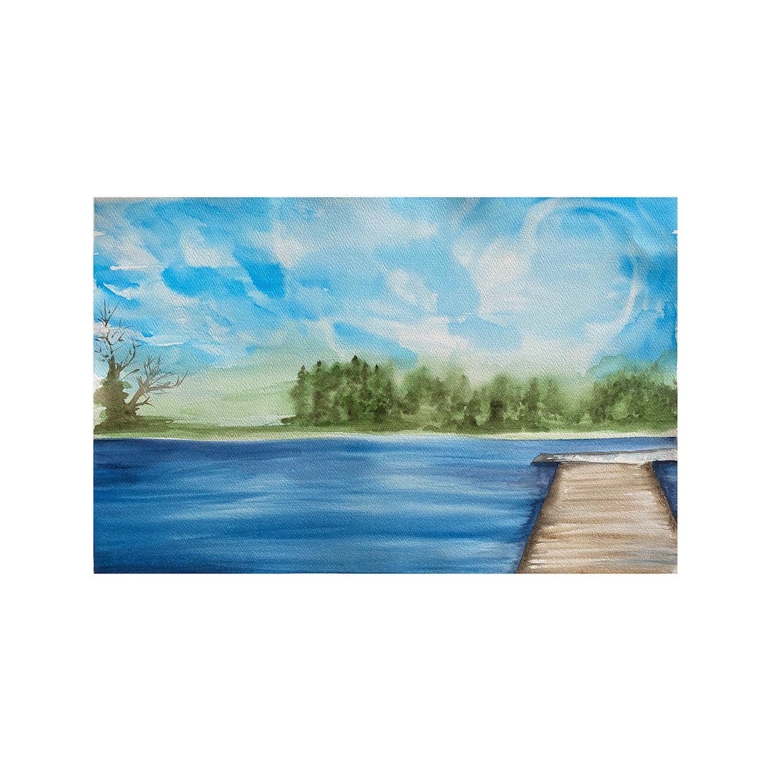 Lake Watercolor, Landscape Painting, Panoramic Blue Lake Watercolor Art ...