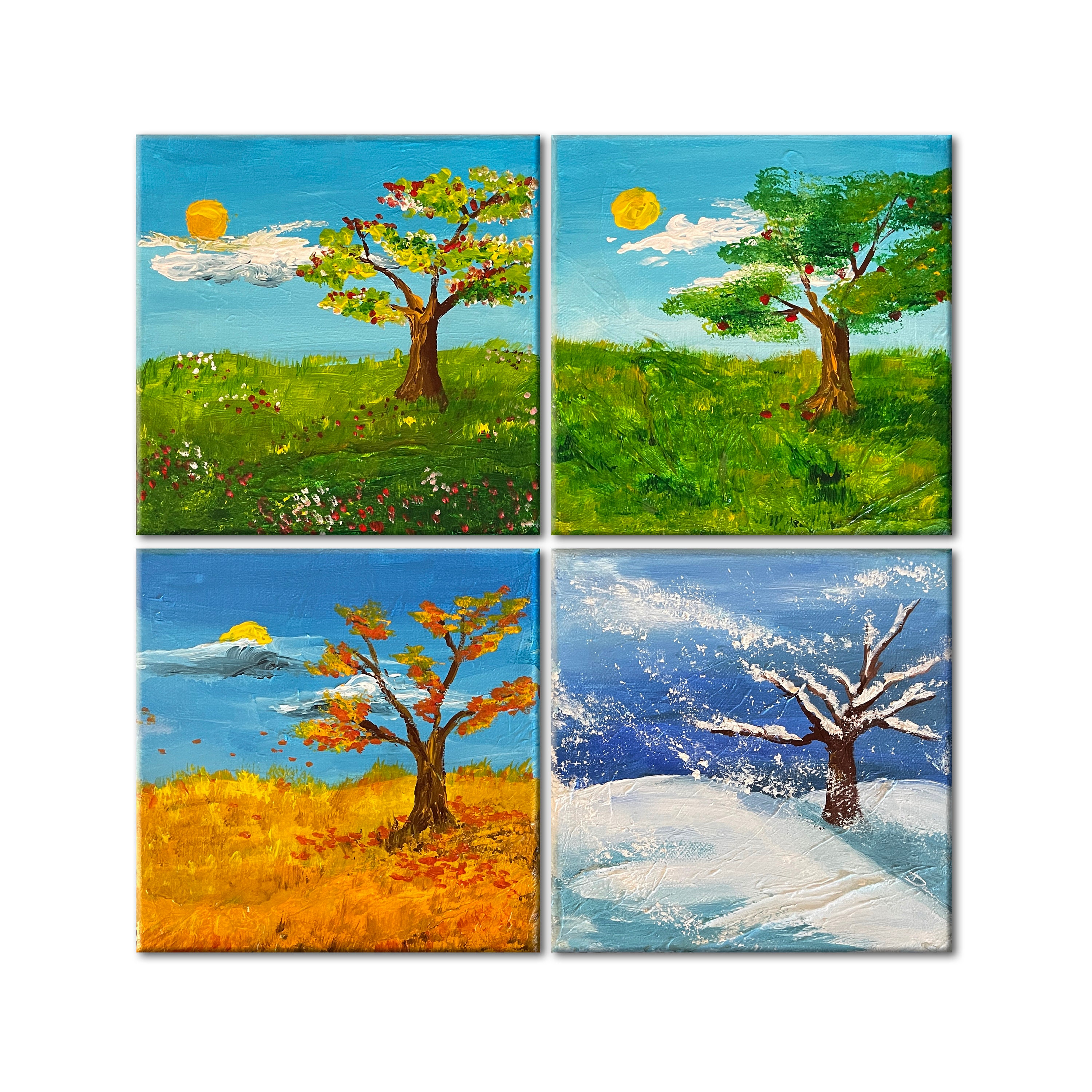 Four Seasons, Set of 4 Small Square Canvases Painting, Tree Acrylic ...