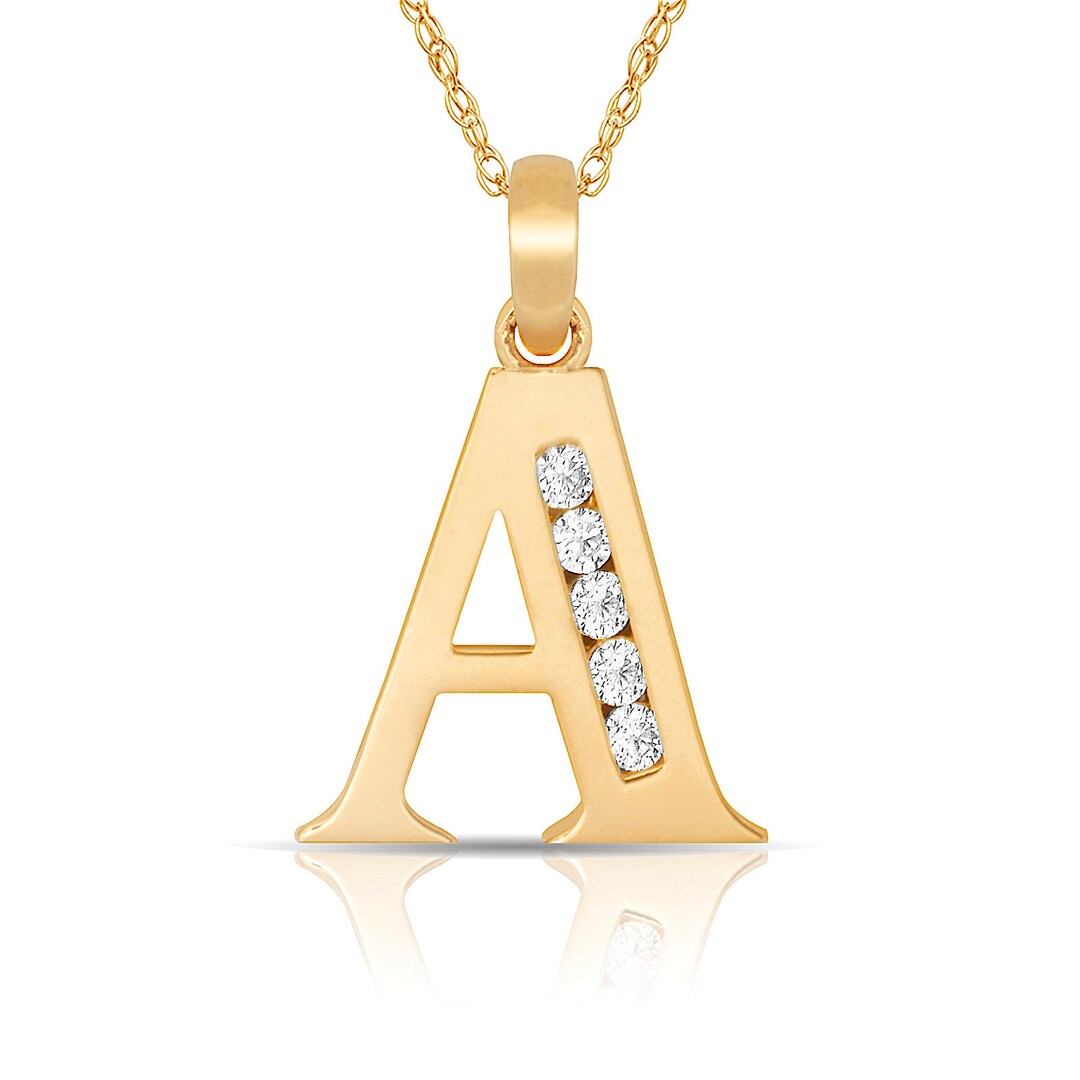 14K Solid Gold Block Letter Pendant With Round Cubic Zirconia Initial ...