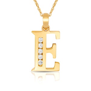 14K Solid Gold Block Letter Pendant With Round Cubic Zirconia Initial ...