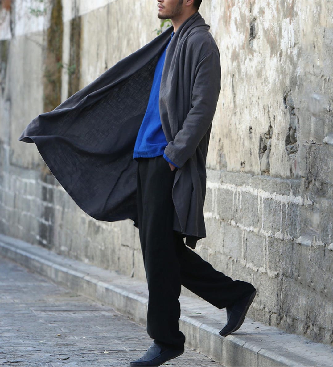 Men’s Japanese Tang Coat – Linen Blend Mid-length Cloak Jacket, Vintage ...