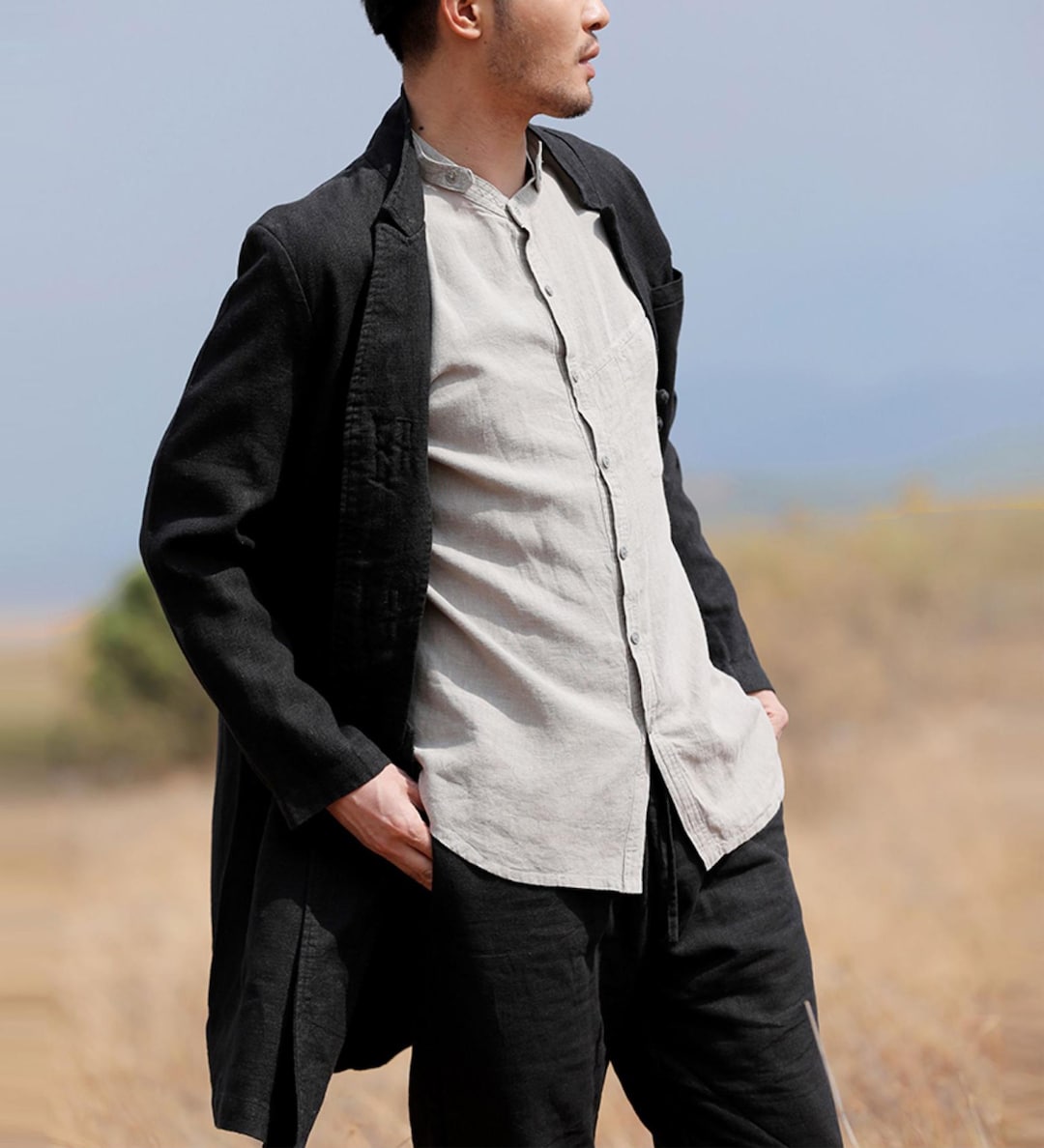 Japanese Style Autumn Duster Coat: Men's Mid-length Tang Suit Overcoat ...