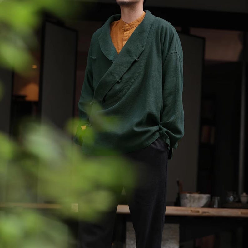 Men's Ramie Wrap Jacket | Japanese Zen Hanfu Coat Loose Fit Meditation ...