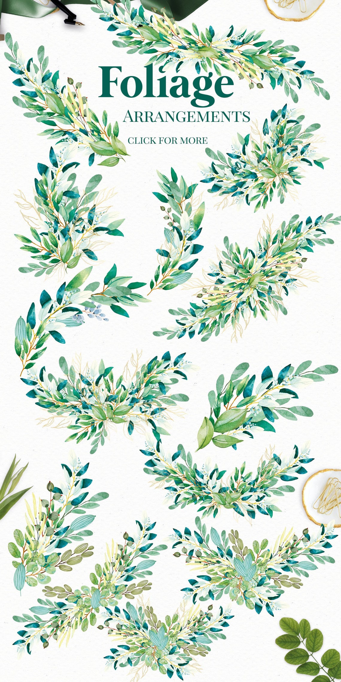 Foliage Watercolor Leaves Arrangements Clip Art Greenery | Etsy