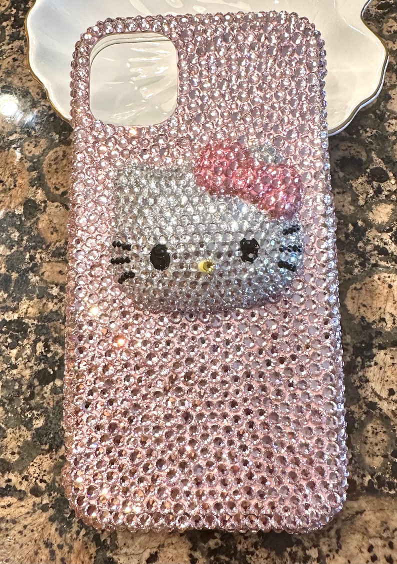 Handmade Blinged Out Glass Rhinestones Pink Bow Kitty Cell Phone Case ...