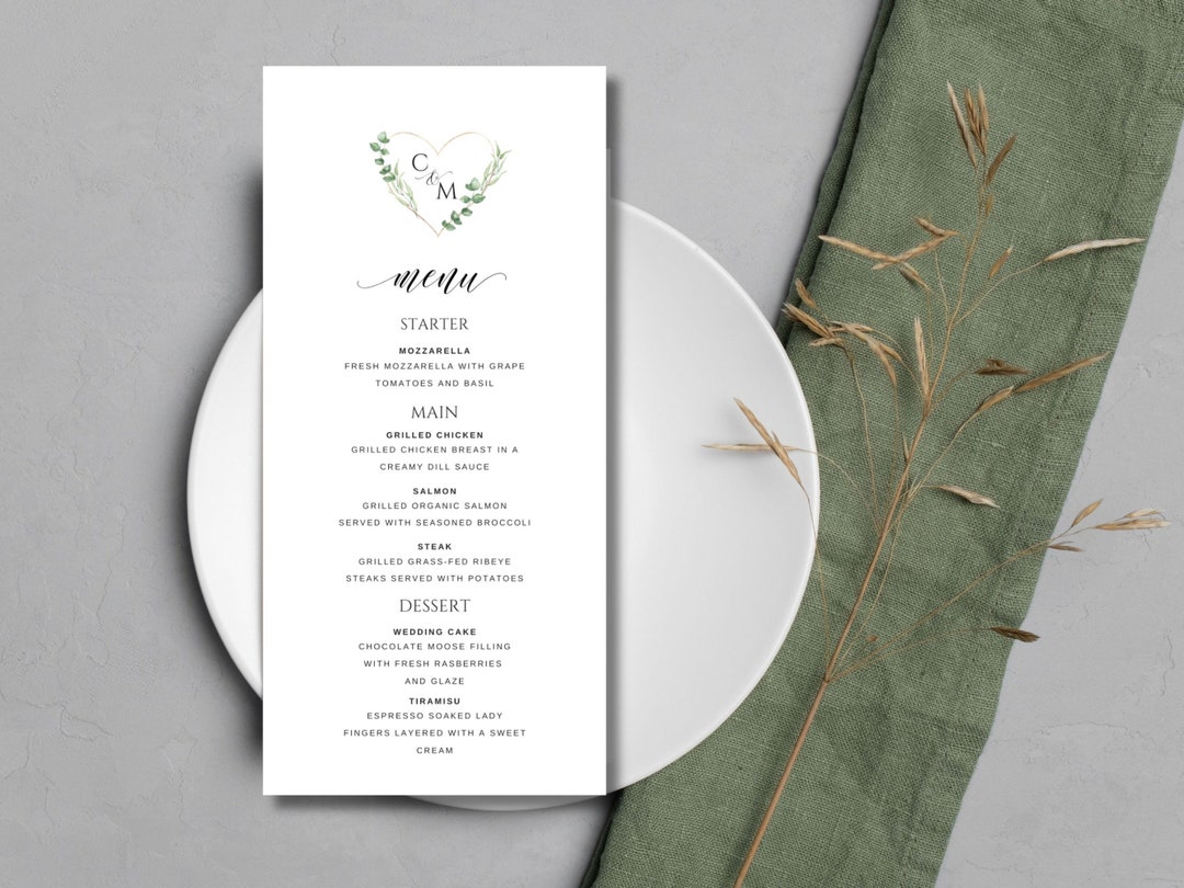 Eucalyptus Heart Menu Cards for Wedding, Printed Wedding Menu ...