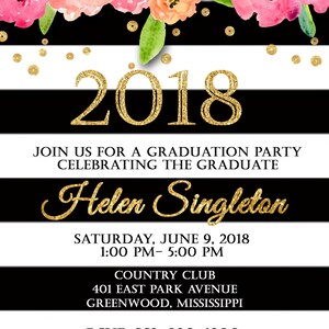 Gold Graduation Invitation, Kate Black White Stripe Spade Pink, Floral ...