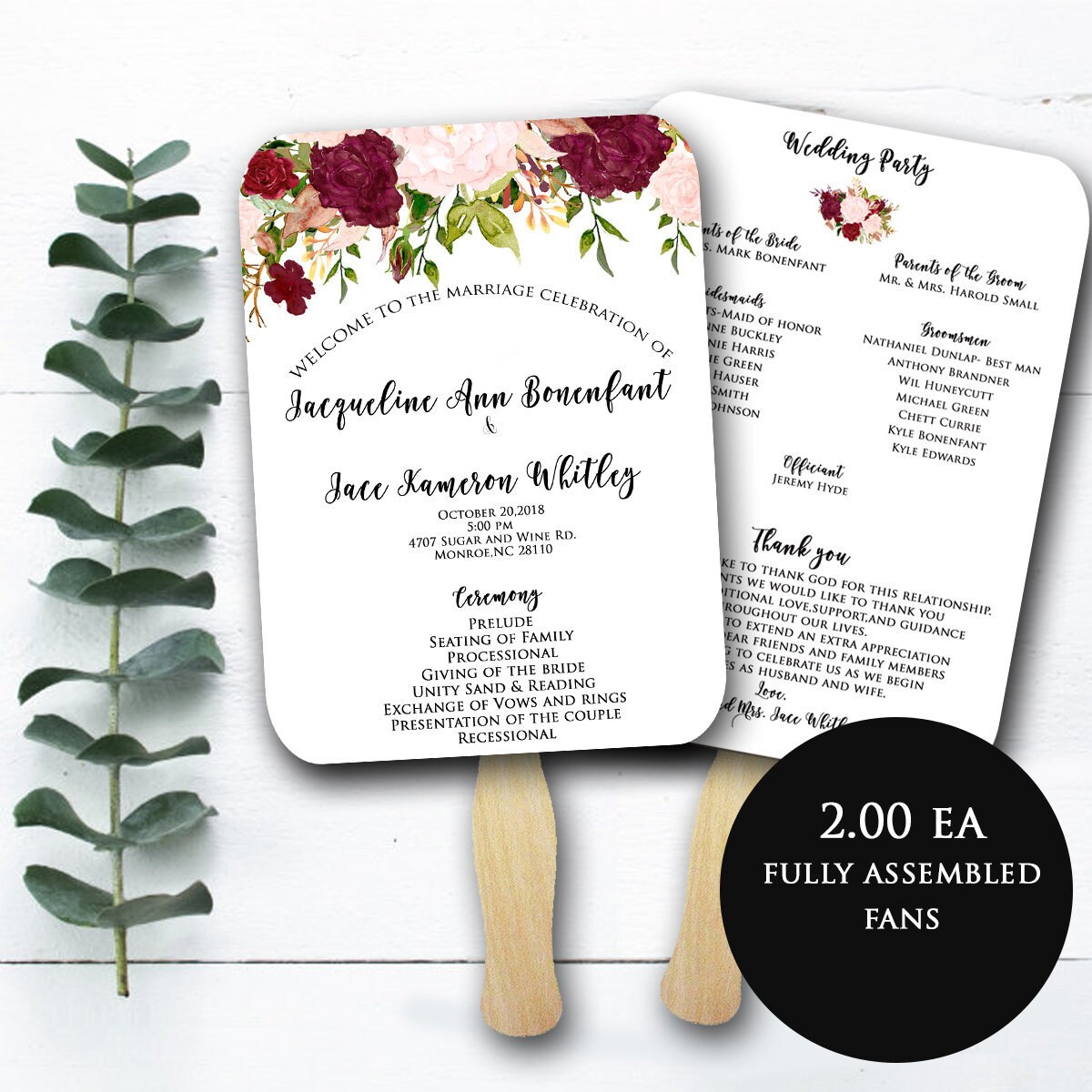 Wedding Program Fans Printed/assembled With FREE Shipping - Etsy