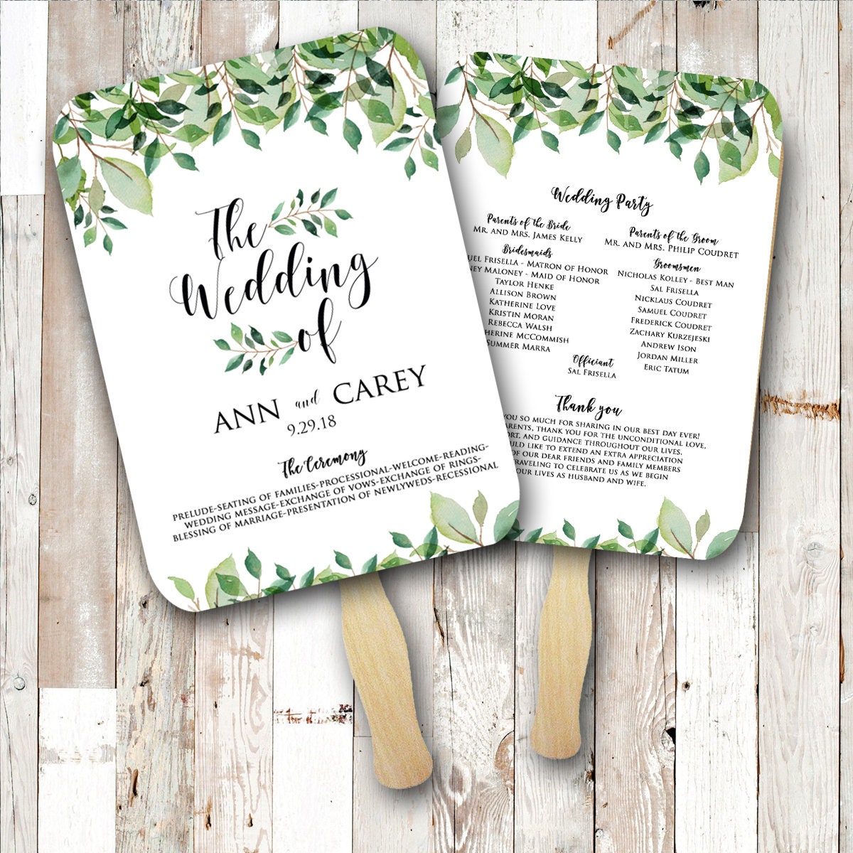 Kraft Greenery Wedding Program Fan Wedding Fan Program - Etsy