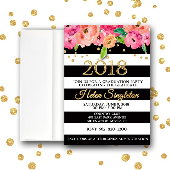 Gold Bling 2018 Graduation Invitations Blush Pink Glitter Stripe Photo