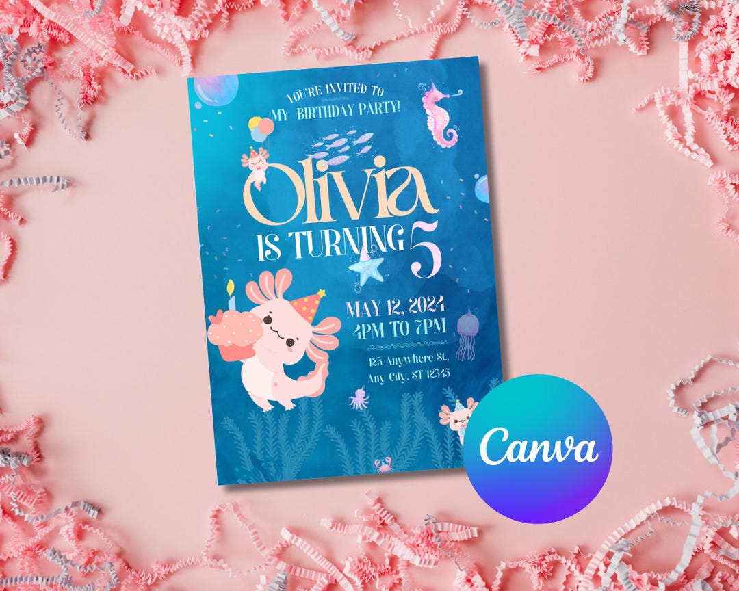 Axolotl Birthday Party Invitation Editable Axolotl Lake Fish Birthday ...