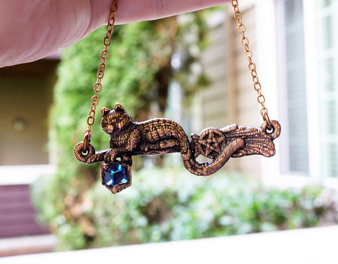 Blue Crystal Cat Necklace, Witchy Kitty Pendant, Electroformed Copper ...