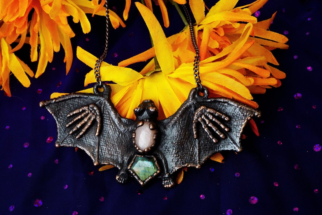 Electroformed Copper Bat Jewelry, Peach Moonstone Crystal Necklace ...