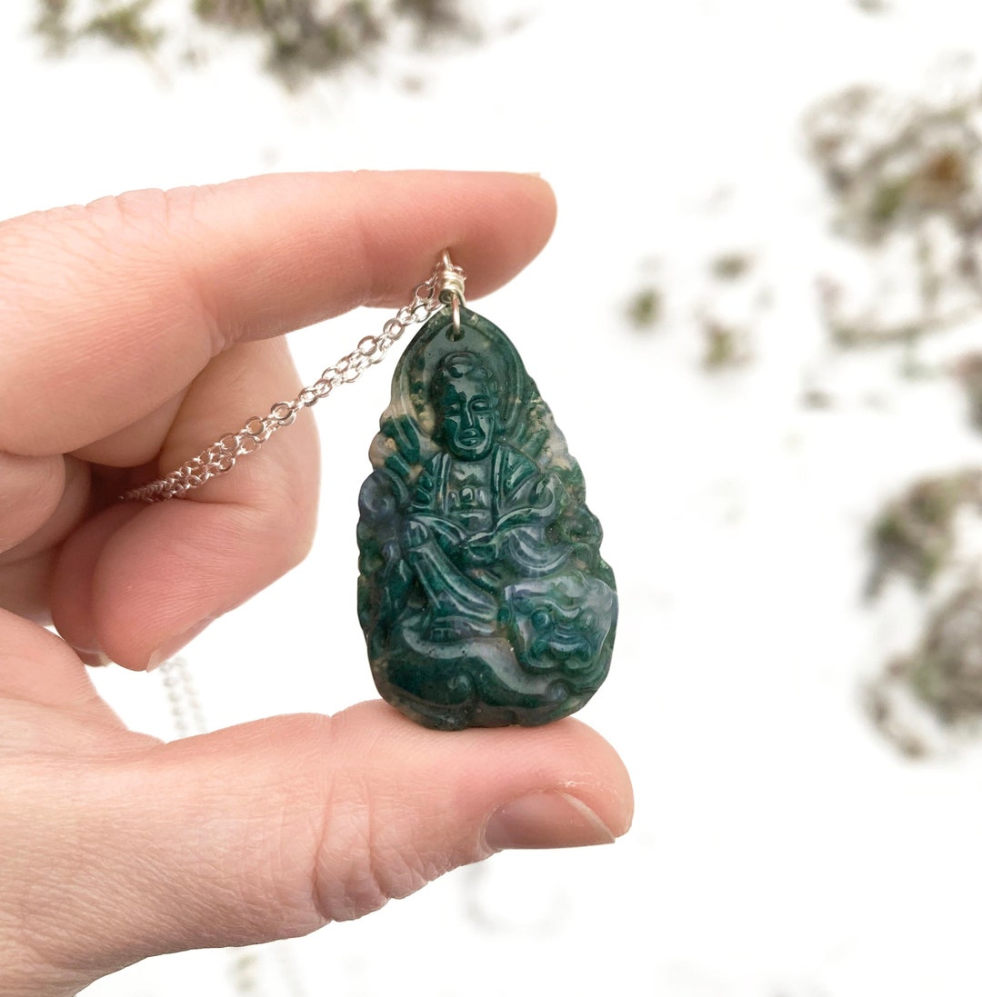 Green Moss Agate Buddha Pendant Necklace, Carved Crystal Buddha, Heart ...