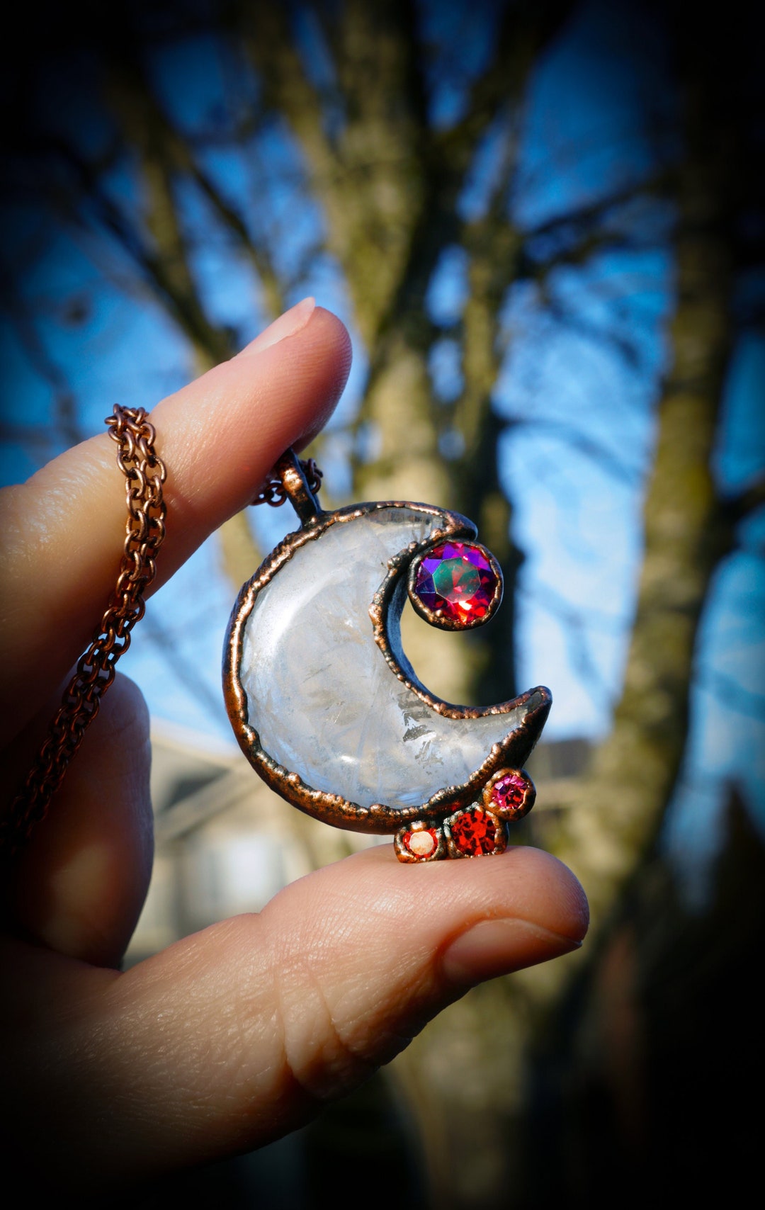 Moon Phase Crystal, Clear Quartz Necklace Handmade, Pink Swarovski ...