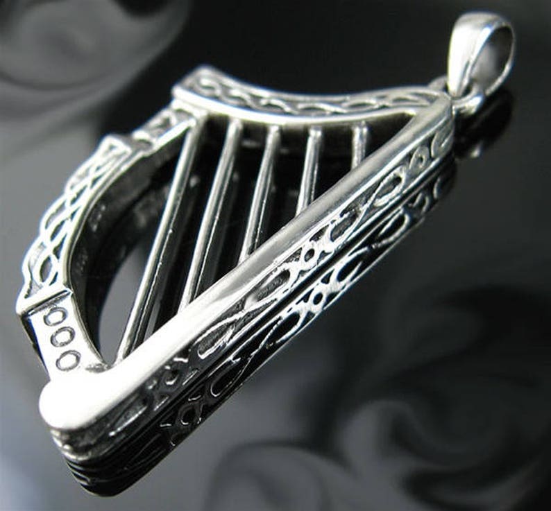 Genuine Solid .925 Sterling Silver Irish Celtic Harp Necklace Pendant ...