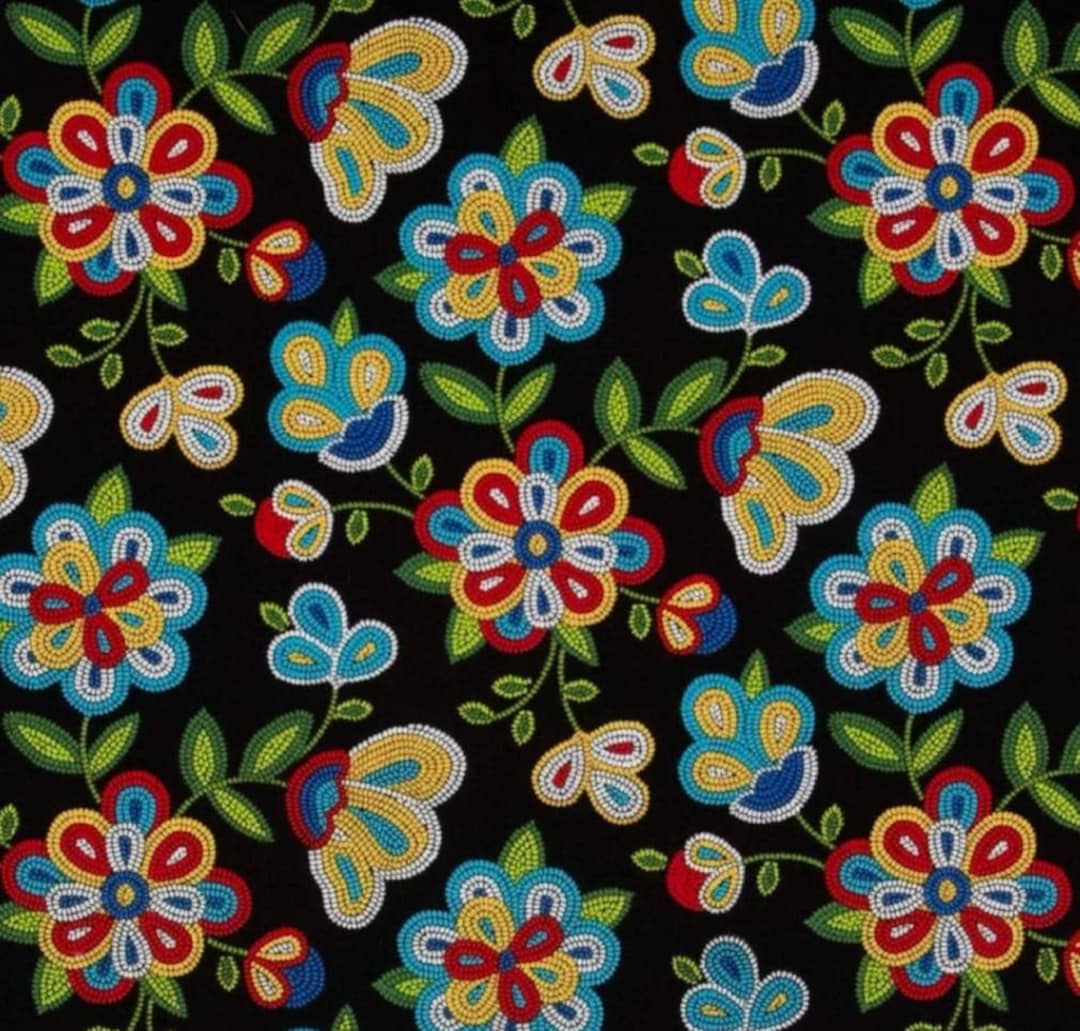 Elizabeth Studio Black Native Tribal Beaded Floral Flower Tucson Cotton ...