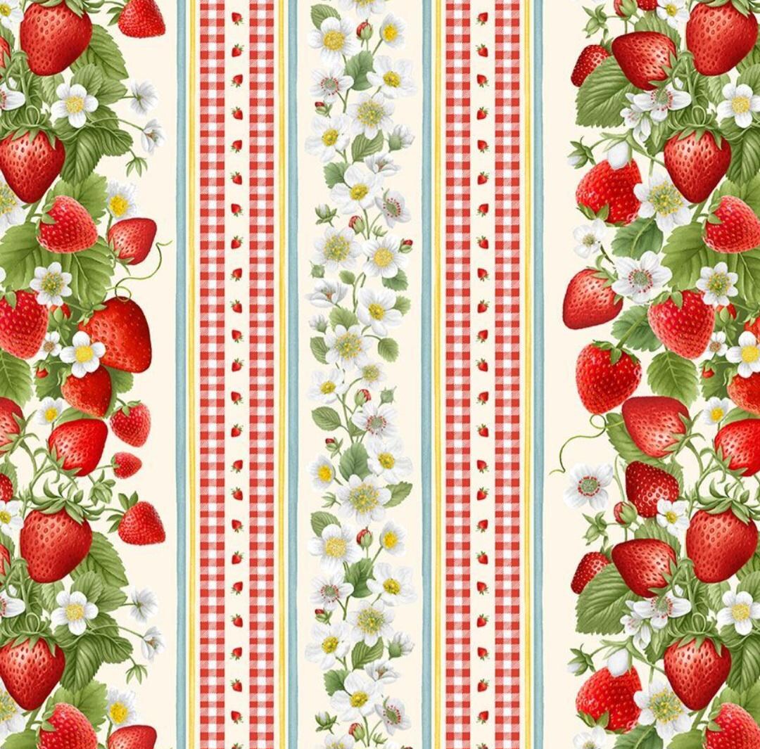 Timeless Treasures Berry Sweet Red Strawberry Floral Border Stripe ...