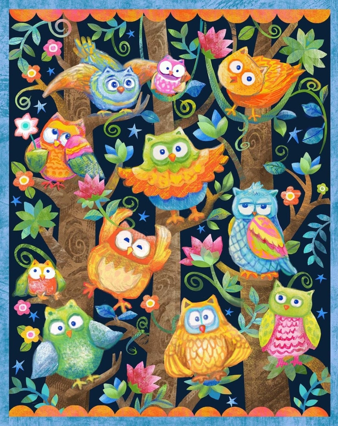 Wee Ones by Oasis Baby Owls in Trees on Dark Blue Cotton Quilt Fabric ...